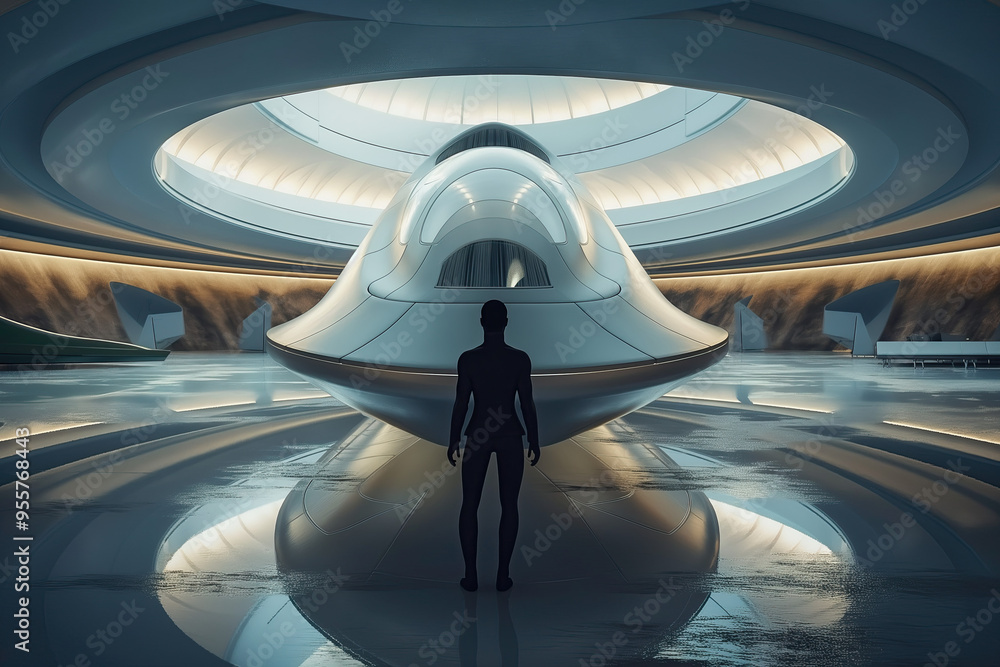 UFO, UAP, AAV, futuristic open space with person in center standing in ...