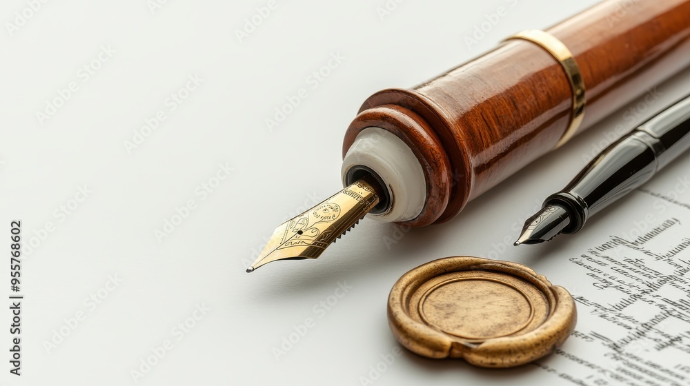 A legal contract mockup displays a fountain pen and a wax seal on clean ...