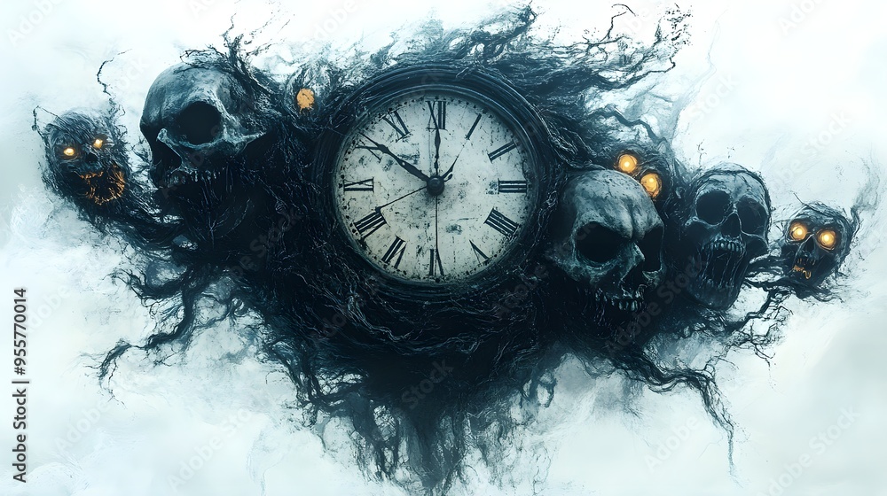 Haunted clock with floating hands, intertwined with Halloween masks ...