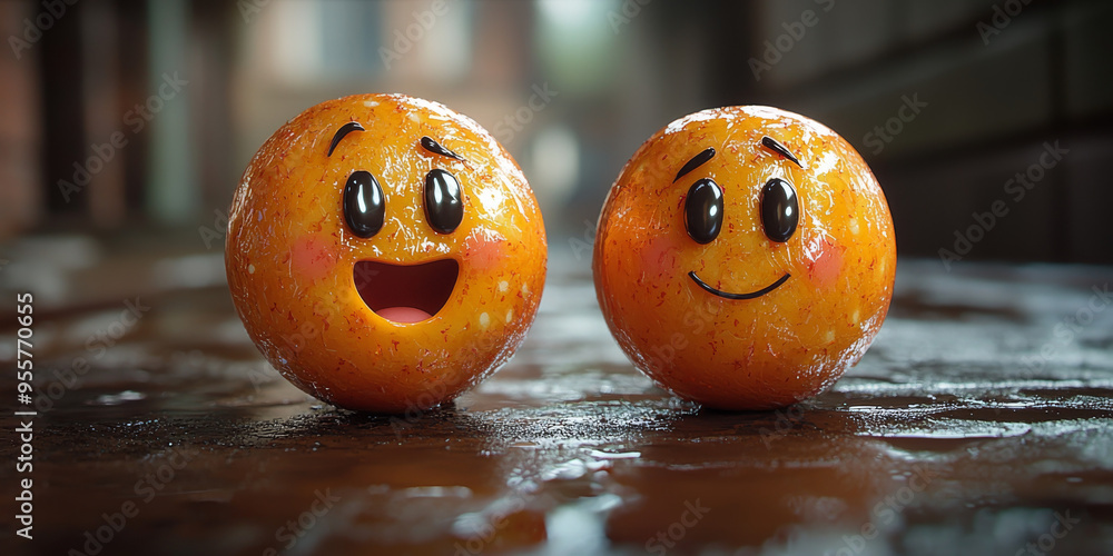 Two round, orange emojis with happy and smiling expressions. The emoji ...