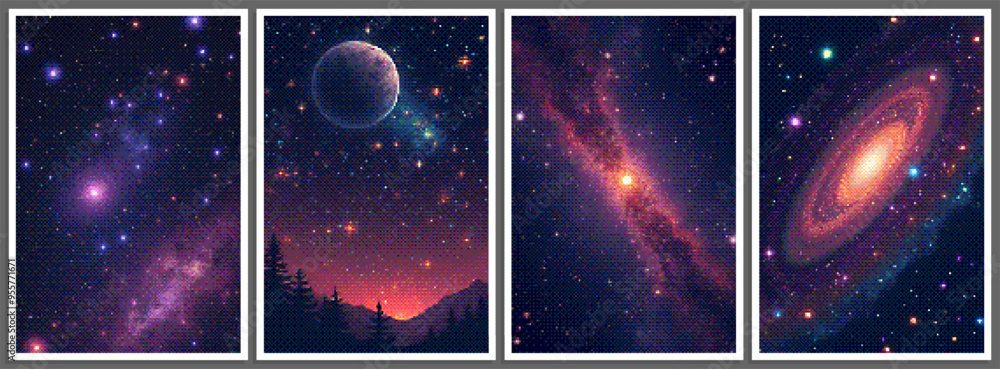 Poster Set of pixelated posters with futuristic deep space scene in ...