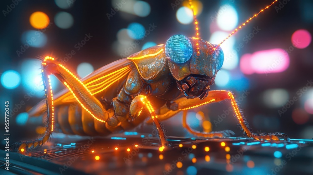 cyberpunk grasshopper bioluminescent exoskeleton neon circuit patterns ...