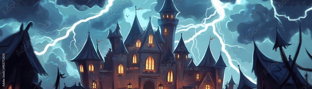Foreboding castle with lightning strikes in a thunderstorm, flat design ...