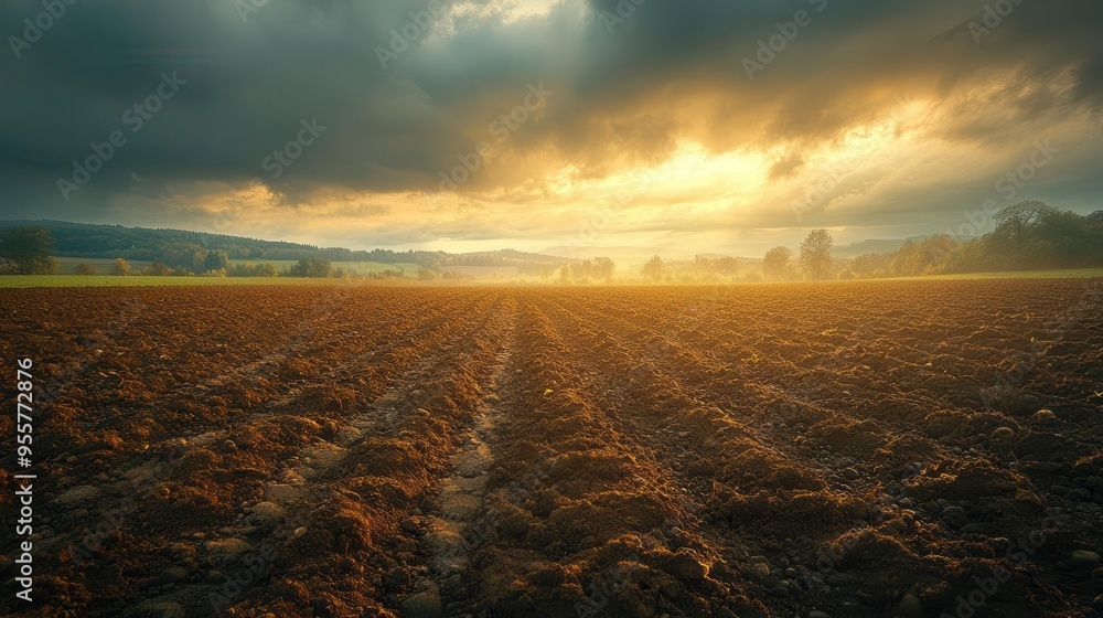 desolate expanse of rich dark soil stretches to horizon under moody sky ...