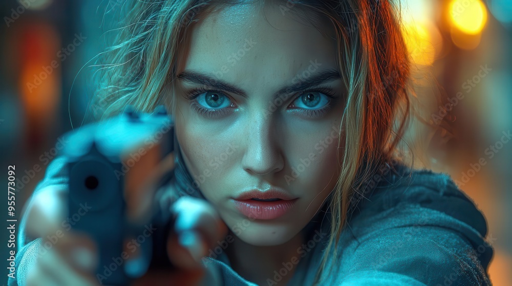 determined woman aiming pistol on urban street dramatic lighting and ...