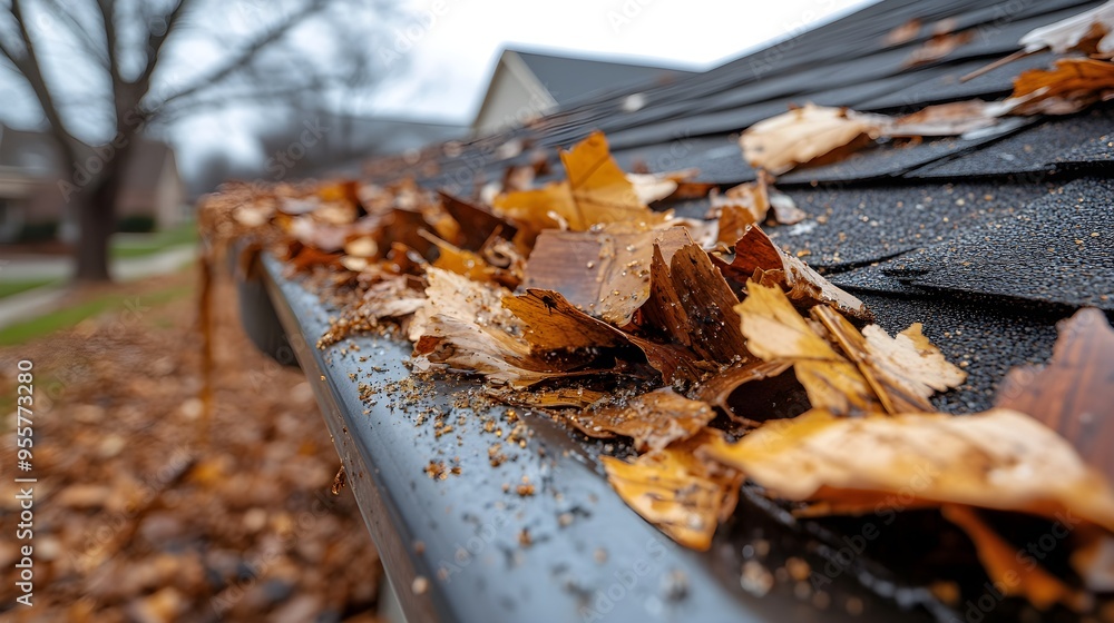 Gutter clogged with shingle debris after a hailstorm, with broken roof ...