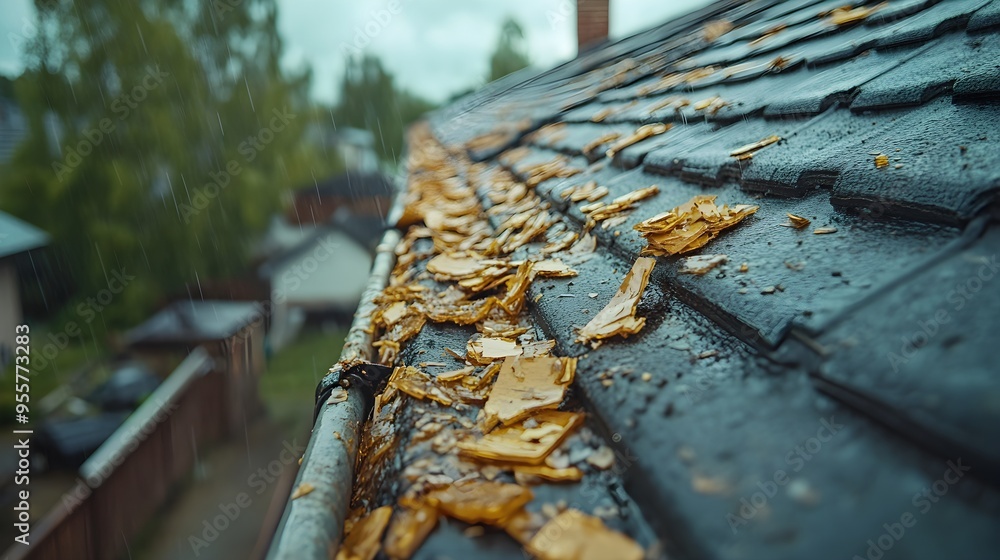 Gutter clogged with shingle debris after a hailstorm, with broken roof ...