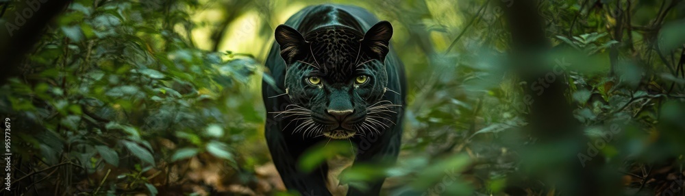 Panther slinking through the forest underbrush, barely visible in the ...