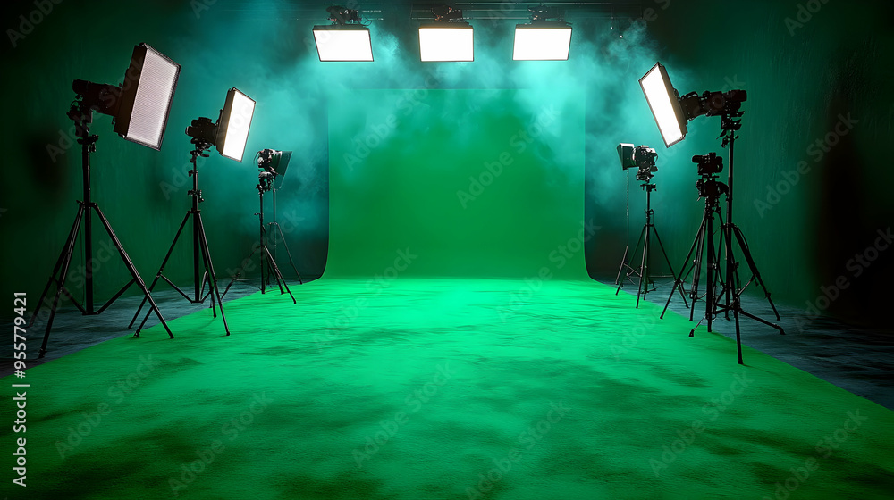 Studio setup with green screen and lighting for video production. Stock ...