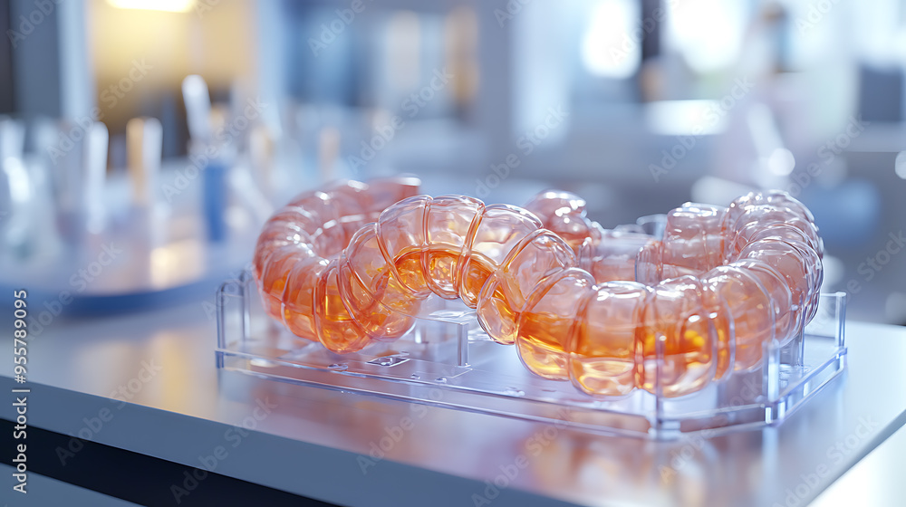 Transparent intestine model with small and large sections, focusing on ...