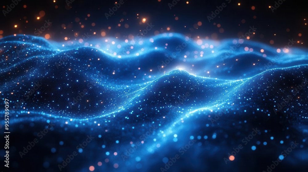 ethereal digital landscape geometric shapes pulsing with blue energy ...