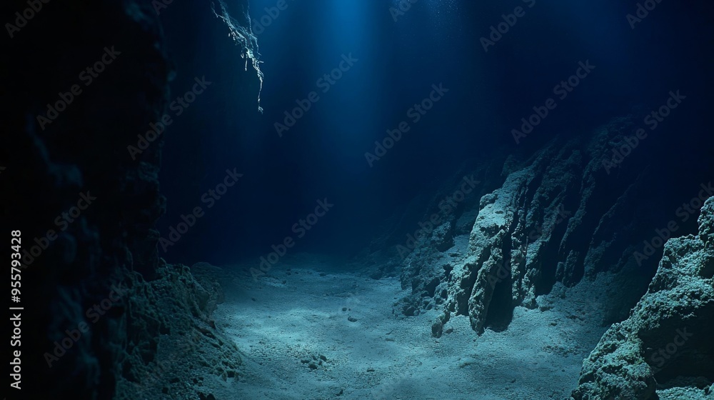 The image explores the dark depths of the Mariana Trench, with steep ...