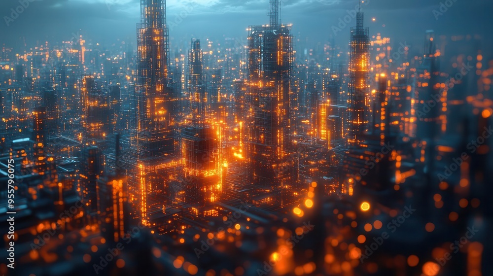 futuristic construction site merges with digital network holographic ...