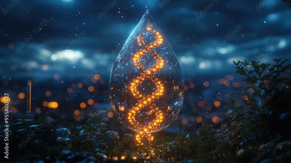 glowing dna helix suspended in giant raindrop starry night sky backdrop ...