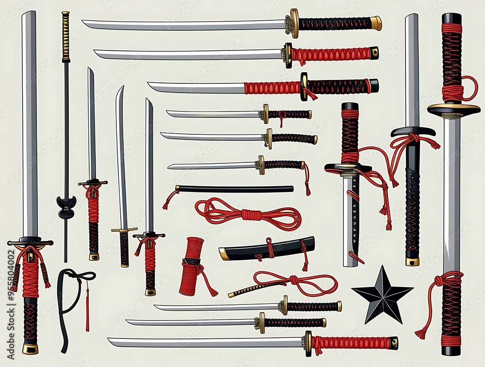Cartoon-style vector set of ninja weapons, including a sword, sai ...