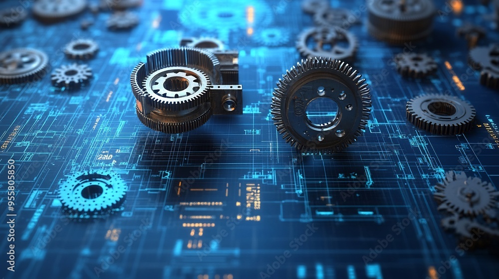 Mechanical blueprint gears cogs and detailed engineering specifications ...