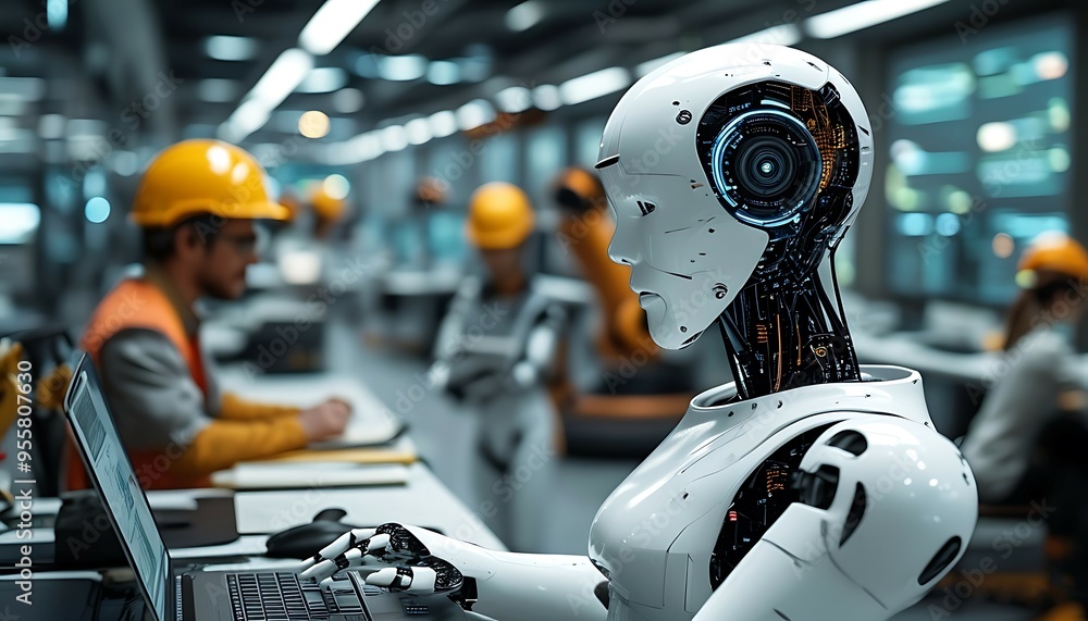 AI and Human Collaboration A team of employees working alongside AI ...