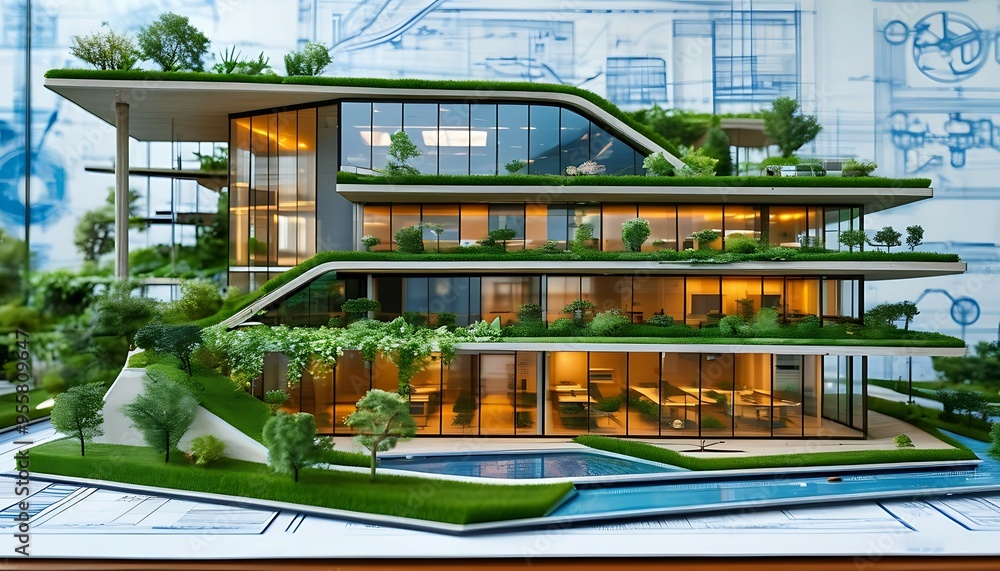 Sustainable Office Design An architect presenting a model of a ...