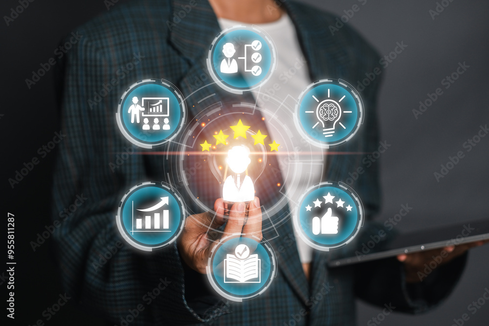 A business professional presenting a skills concept with icons ...