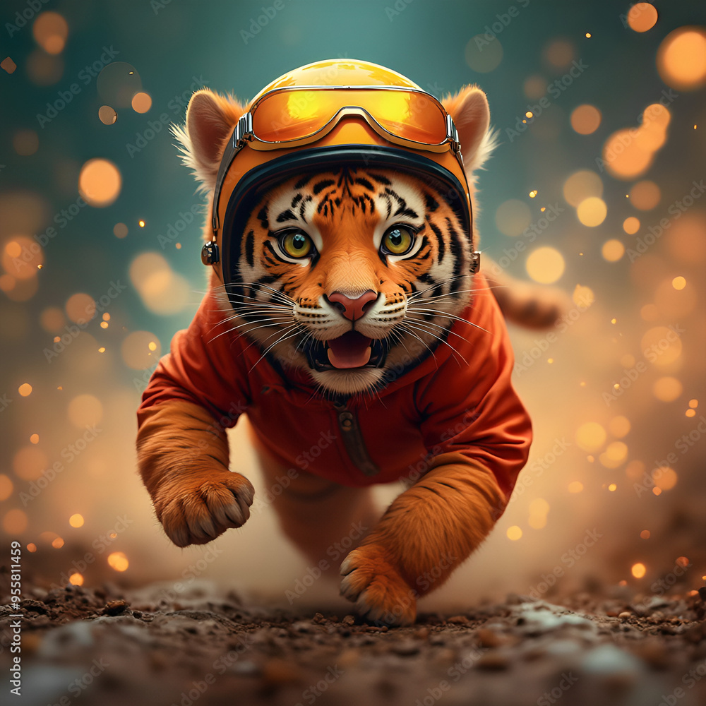 Legendary racing tiger wearing bright red suit and yellow helmet ...