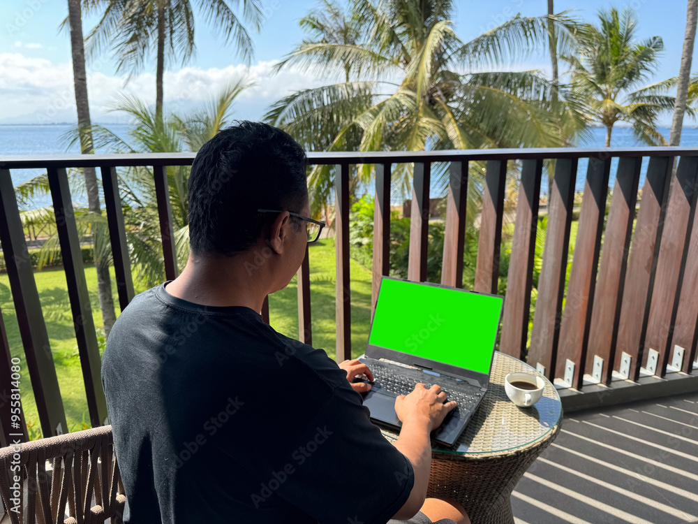 green screen screen on laptop. back view of man working with laptop ...