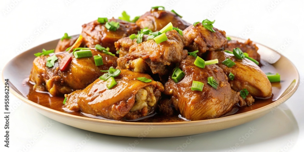 Close-up of a delicious plate of Filipino chicken adobo on a white ...
