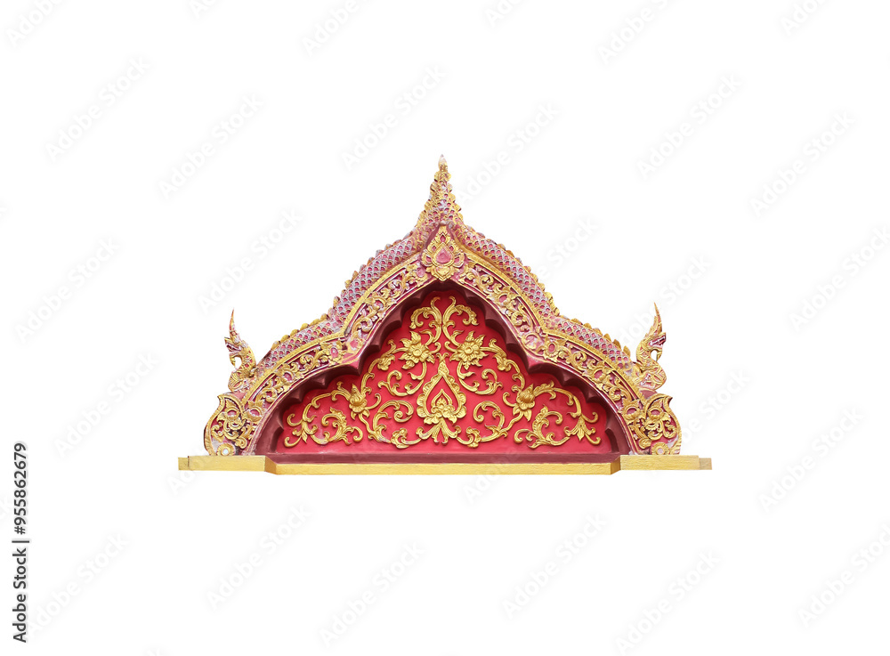 Gable arches carving stucco with gold red texture and naga king statue ...