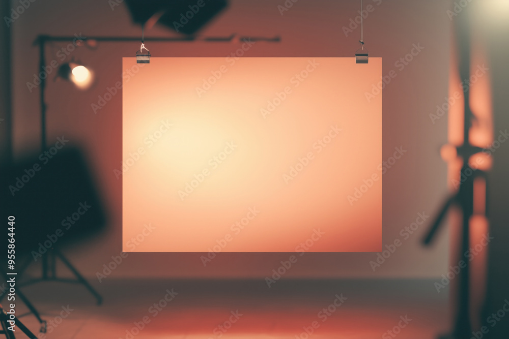 Big white projection screen suspended from the ceiling, cameras and ...