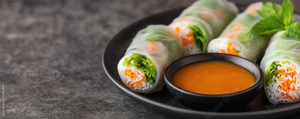 Vietnamese spring rolls with dipping sauce, highlighted by diffused ...