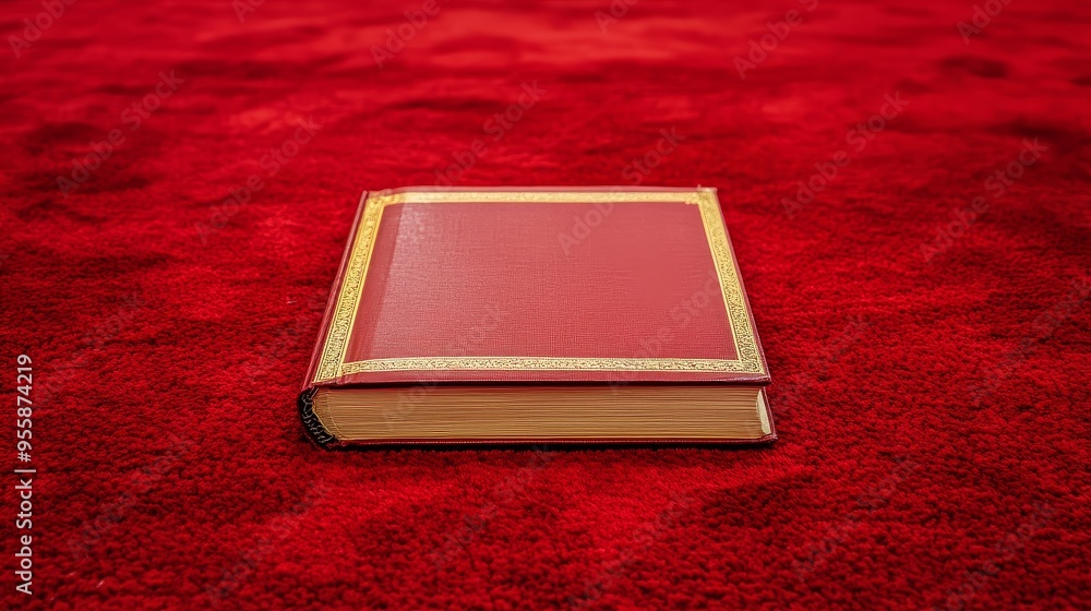 A closed red book with gold trim lies on a red carpet, symbolizing ...