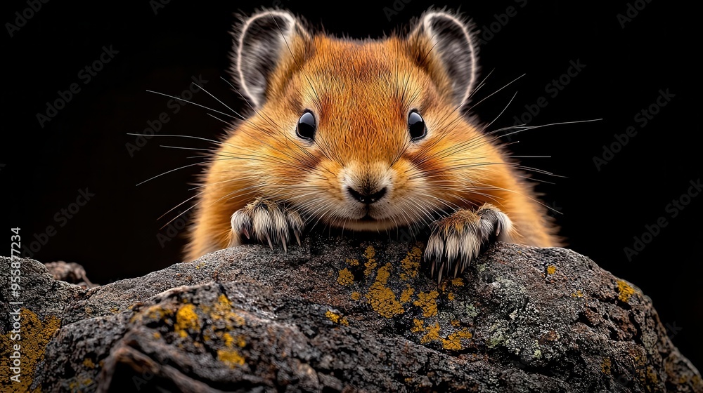 Endangered Ili pika in Chinese mountain habitat in a closeup, emotional ...