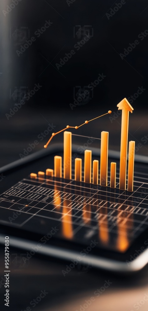 Business growth graph, soaring trajectory, 3D visualization on a tablet ...