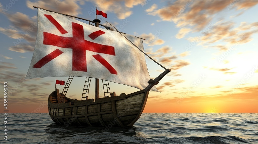15th-Century Caravel with Columbus on Board Approaching the Shores of ...