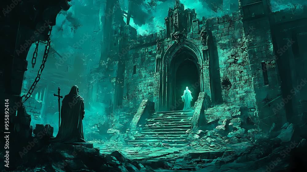 Digital painting of castle ruins with a mysterious undead ghost king ...