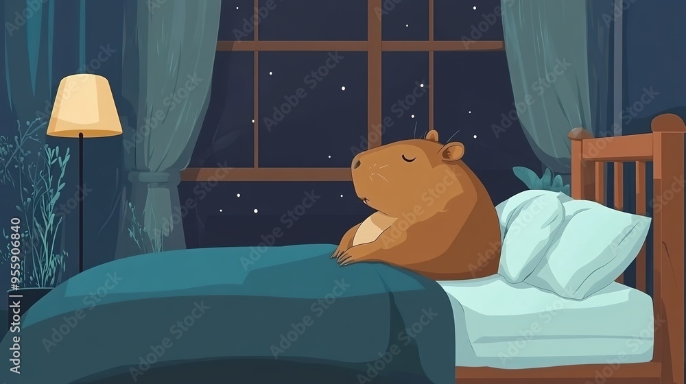 Cute Capybara Going to Sleep in Bed at Night, Illustrated in Cartoon ...