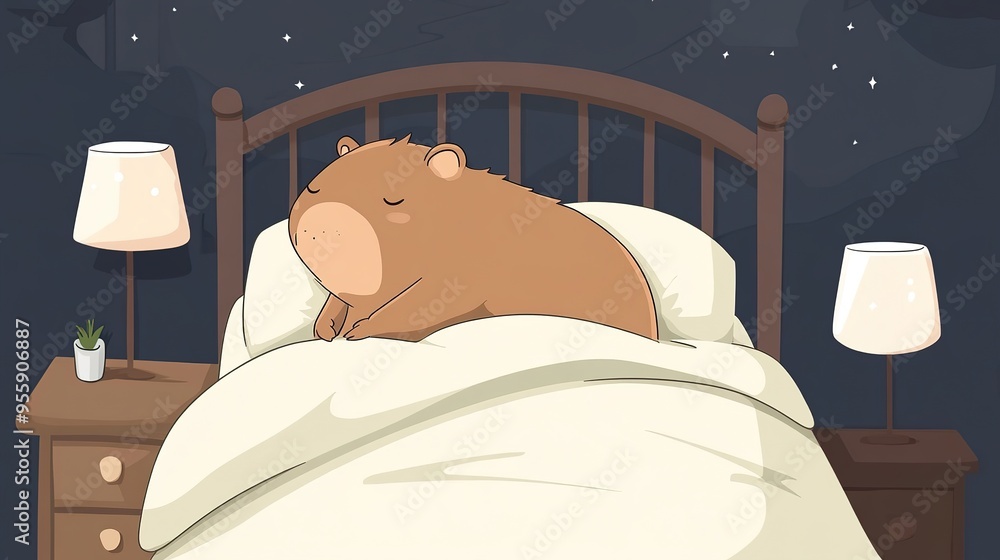 ภาพประกอบสต็อก Cute Capybara Going to Sleep in Bed at Night ...