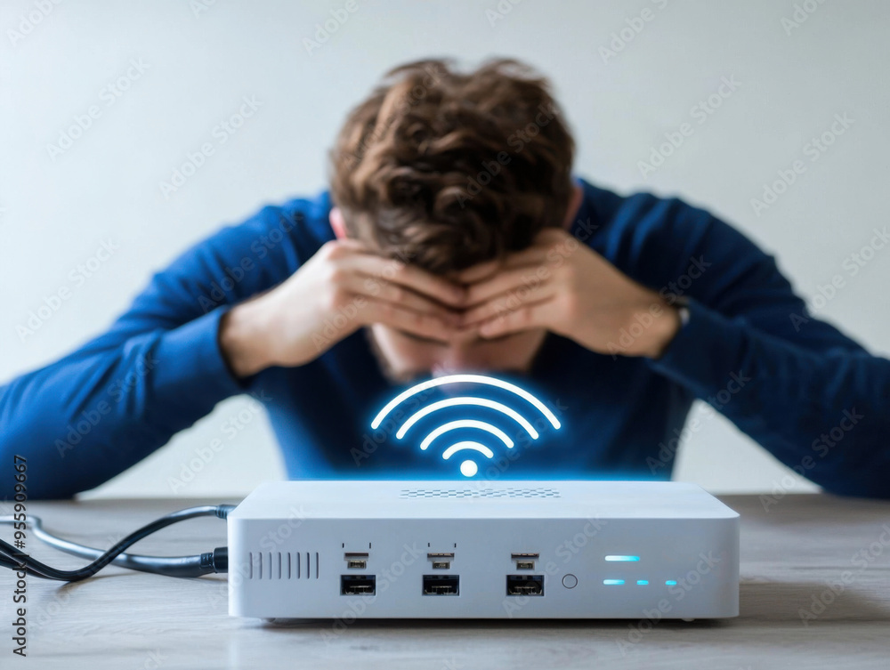 No Wi-Fi, No Life: A frustrated man sits with his head in his hands ...