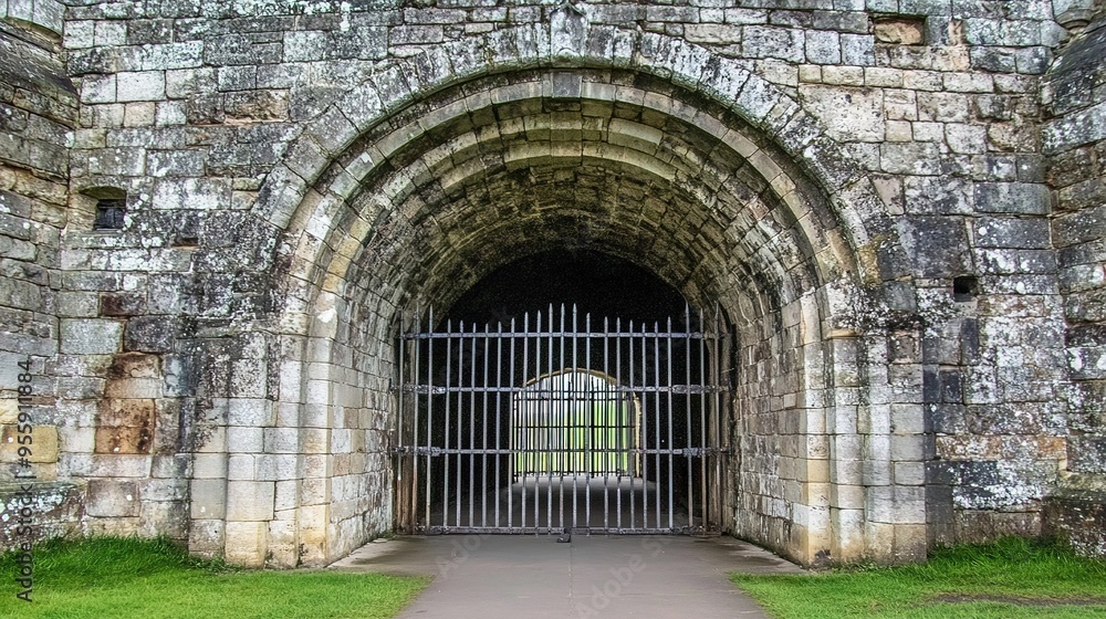 Dark Arched Doorway with a Locked Gate. The Scene Features an Imposing ...