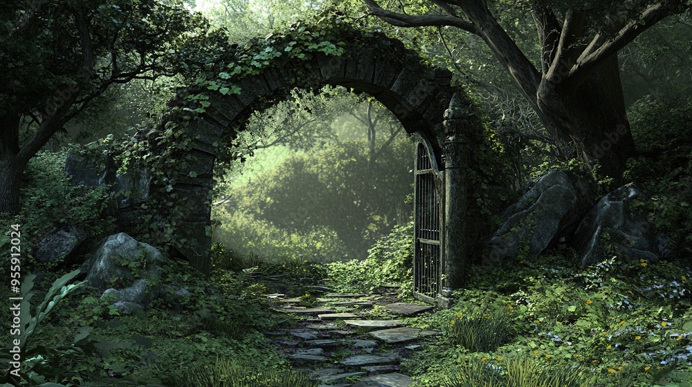 Dark Arched Doorway with a Locked Gate. The Scene Features an Imposing ...