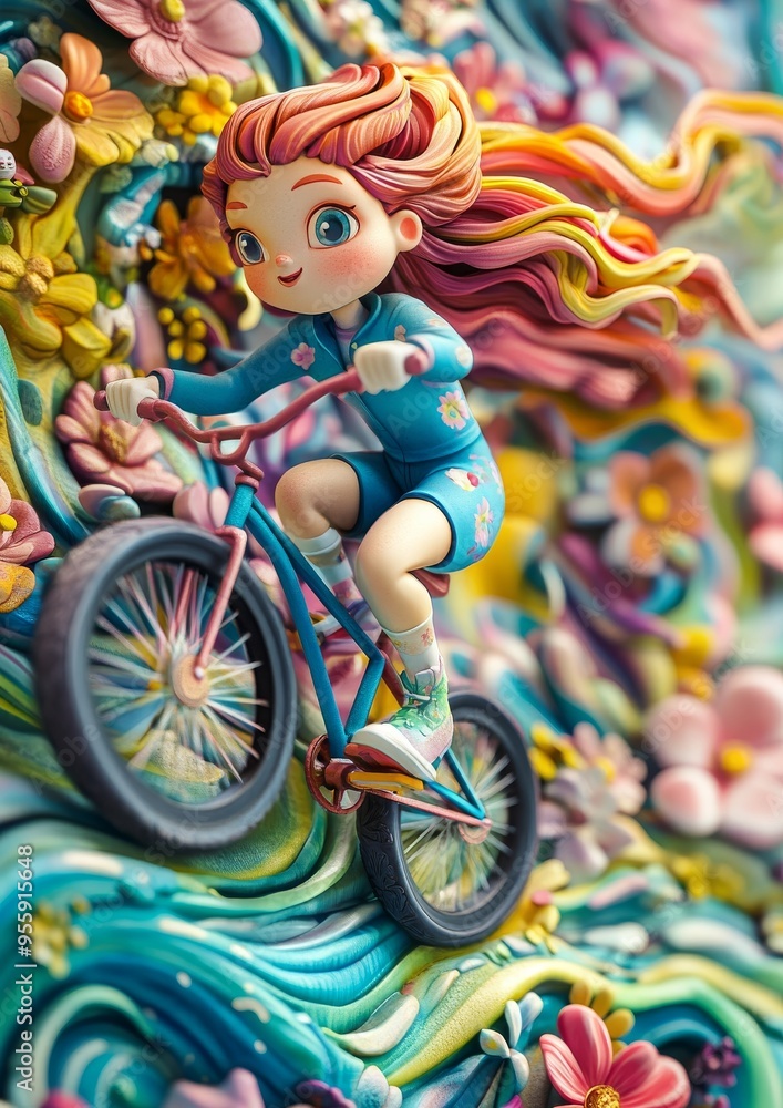 Whimsical 3D Claymation Art of Girl Racing BMX Bike in Colorful ...