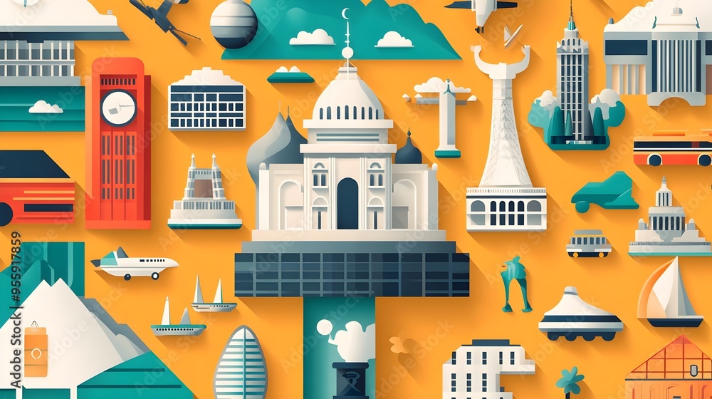 Flat design of a travel guide with consistent iconography and color ...