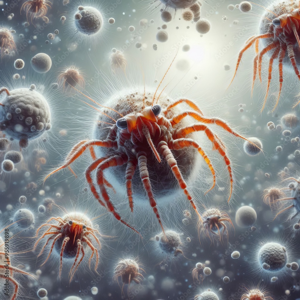 48 Dust mites Microscopic arachnids that feed on dust particles Stock ...