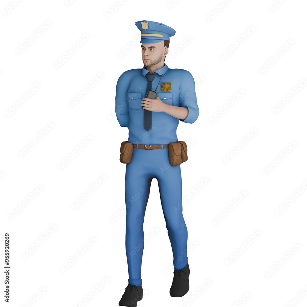 Male Cartoon Cop in Action. A male policeman walks with his left hand ...