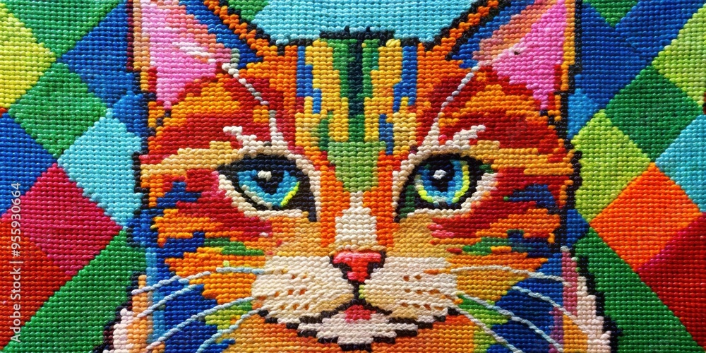 Needlepoint cat in various vibrant colors, needlepoint, cat, embroidery ...