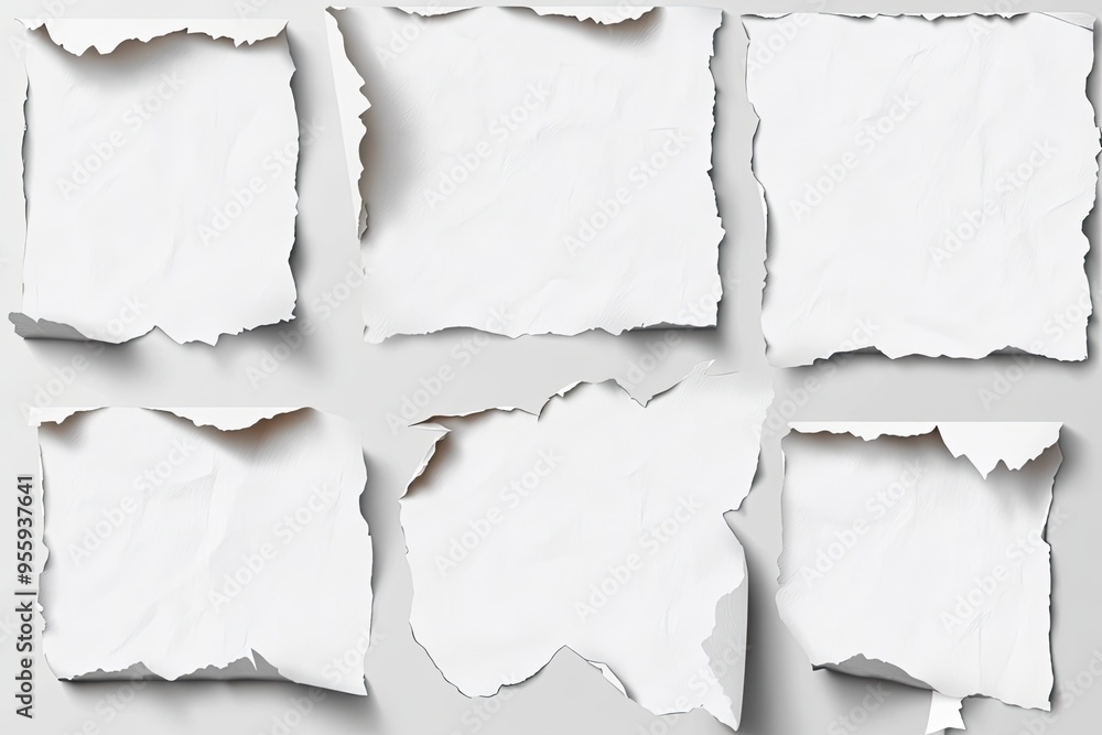torn blank pages with uneven texture edges. set of ripped white paper ...