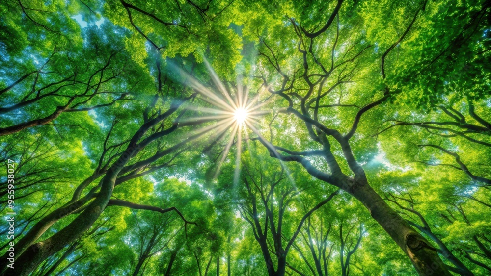 Sunlight streaming through leaves of trees creating a dappled canopy ...