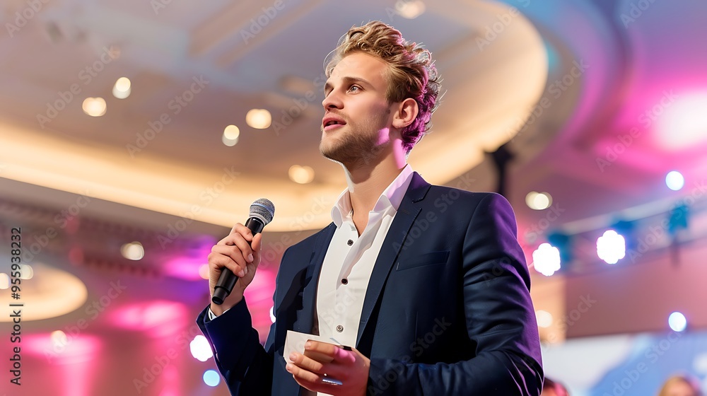 A CEO delivering a powerful keynote speech at a large conference ...