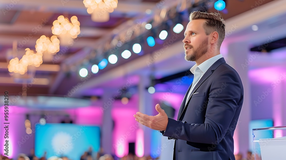 A CEO delivering a powerful keynote speech at a large conference ...