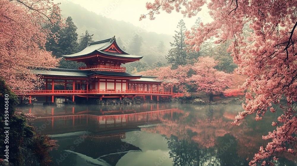 Sakura and Japanese Temple Scene: A Detailed Illustration Featuring a ...