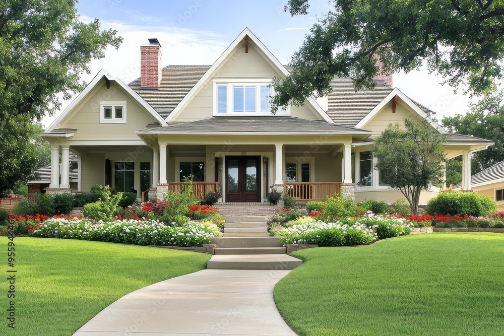 Elegant Middle-Class Home with Beautiful Landscaping and Suburban ...